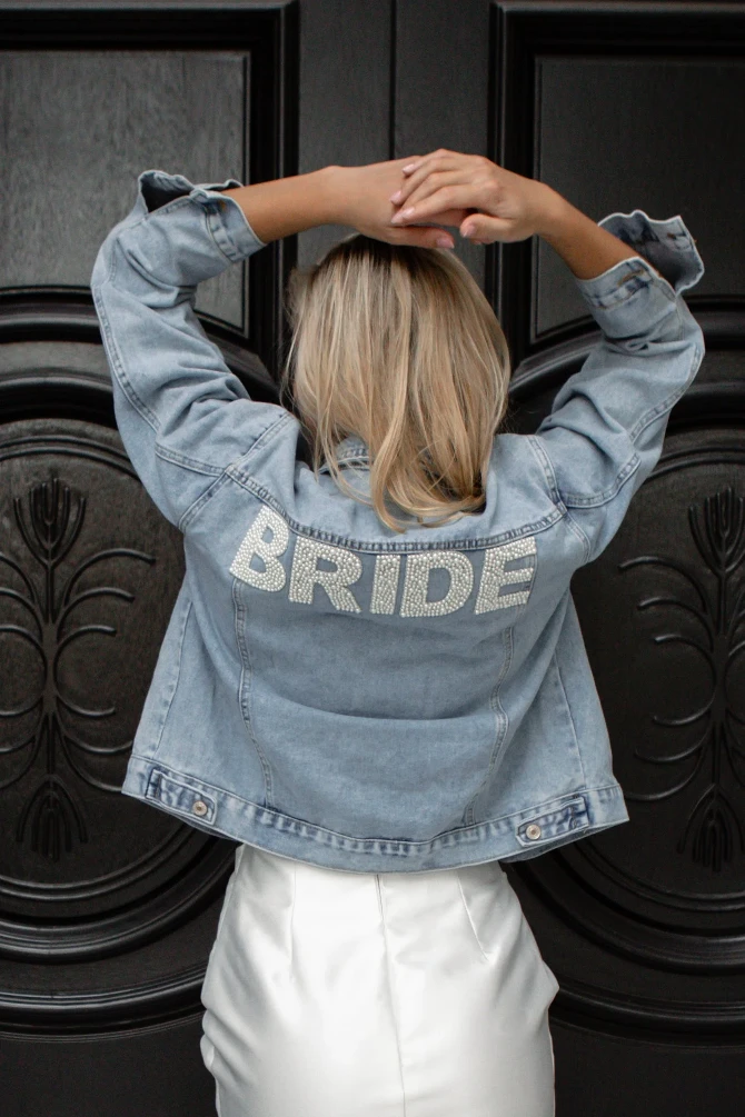 Heirloom Bridal - Varsity Pearl Lettered Denim Jacket for Bride | Blu ...